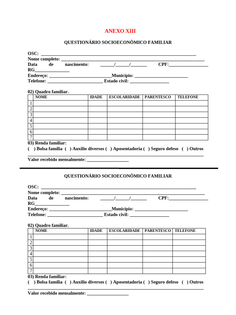 Questionário Socioeconômico Familiar | PDF