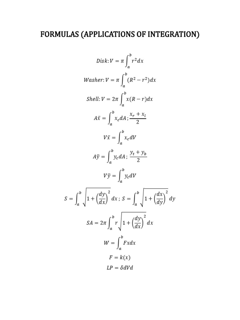 Formulas Applications Of Integration Pdf