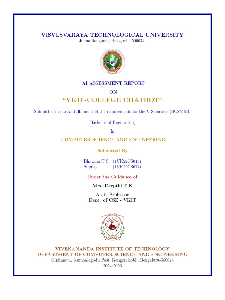 "Vkit-College Chatbot": Visvesvaraya Technological University | PDF