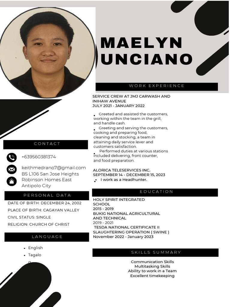 Maelyn Unciano Resume Summary | PDF