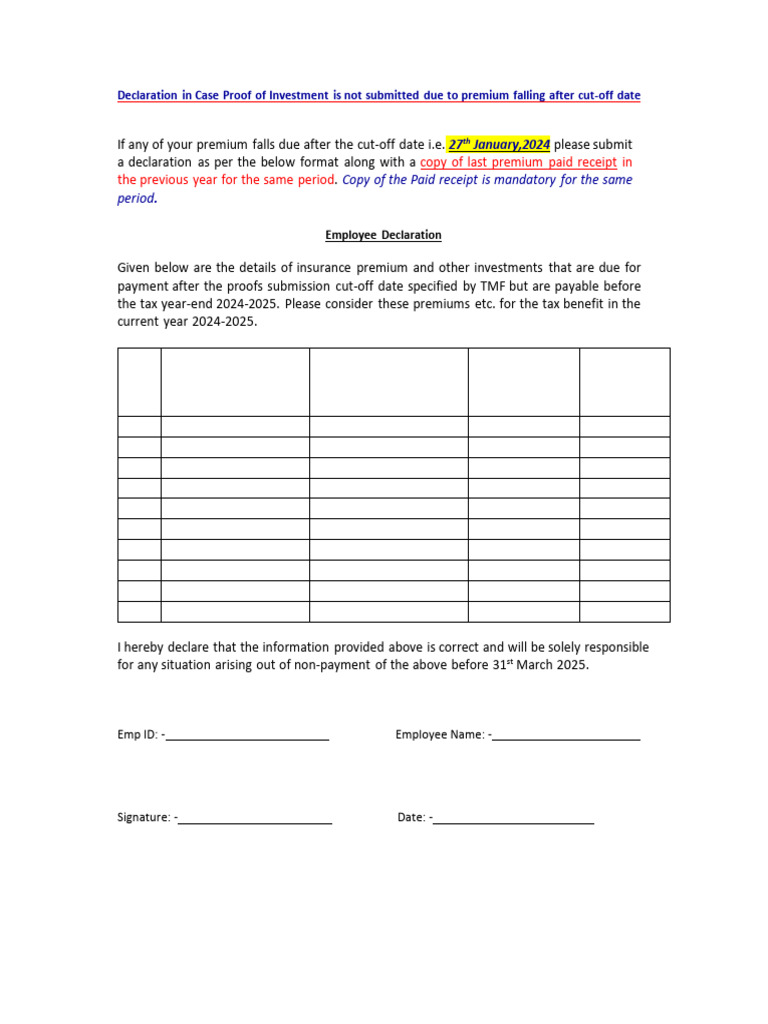 Declaration for Late Investment Premiums | PDF