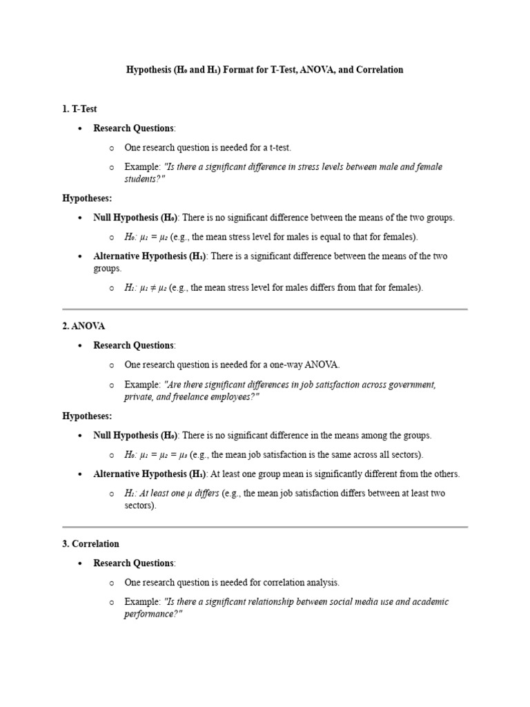 Hypothesis (H and H ) Format For T-Test, ANOVA, and Correlation | PDF ...