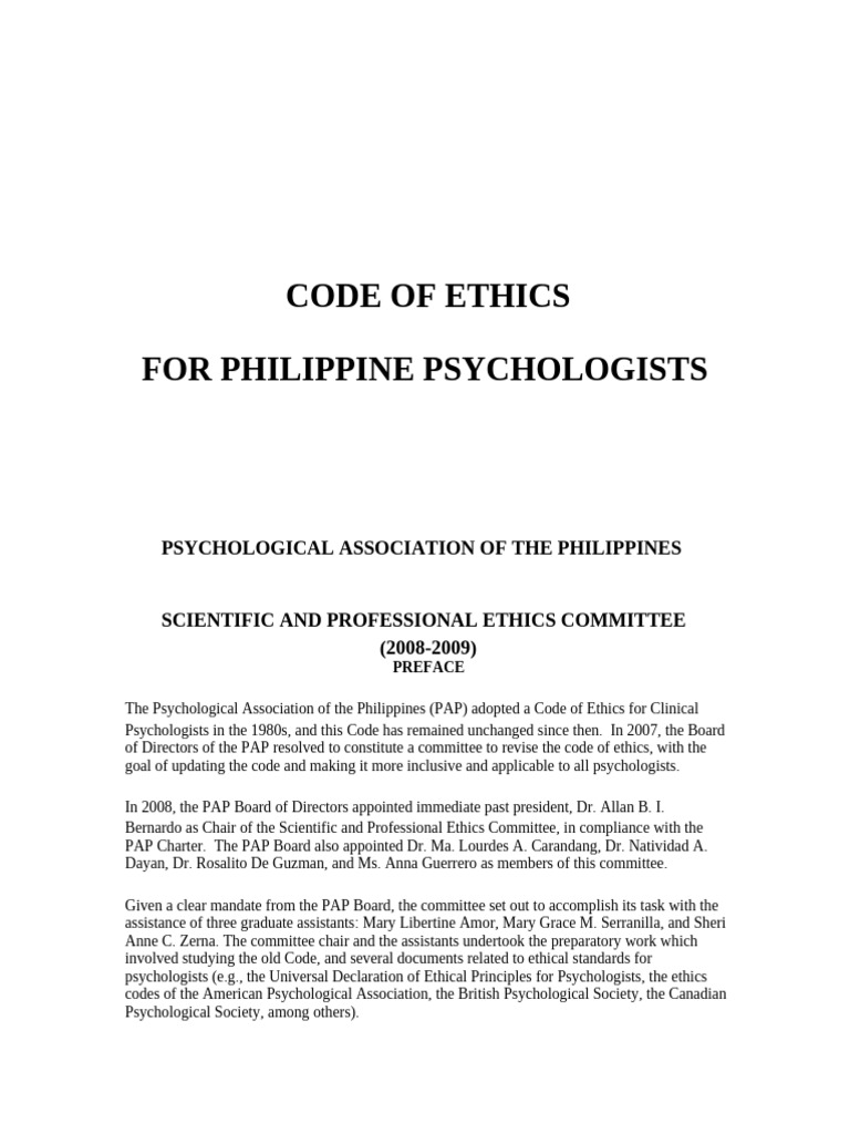 Code of Ethics for Philippine Psychologists | PDF | Informed Consent ...