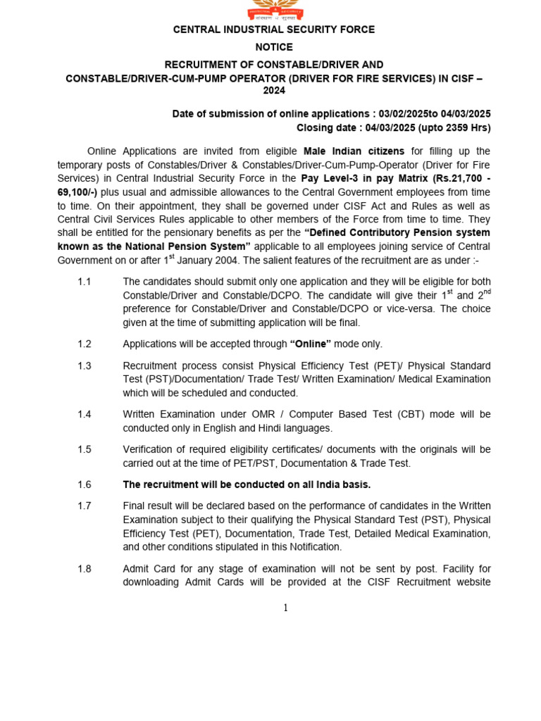 CISF Constable Fire Driver Notification 2025 | PDF | Recruitment | Government