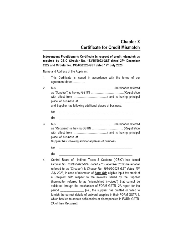 CA Certificate For ITC Mismatch | PDF | Invoice | Taxes