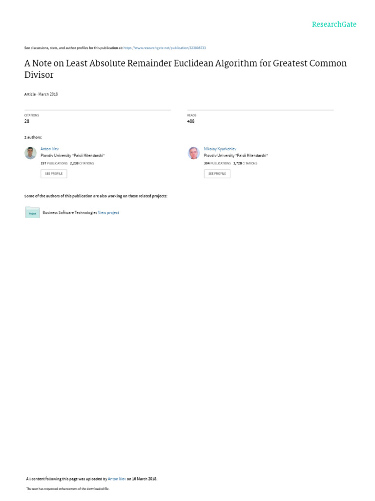 A Note On Least Absolute Remainder Euclidean Algorithm For Greatest ...