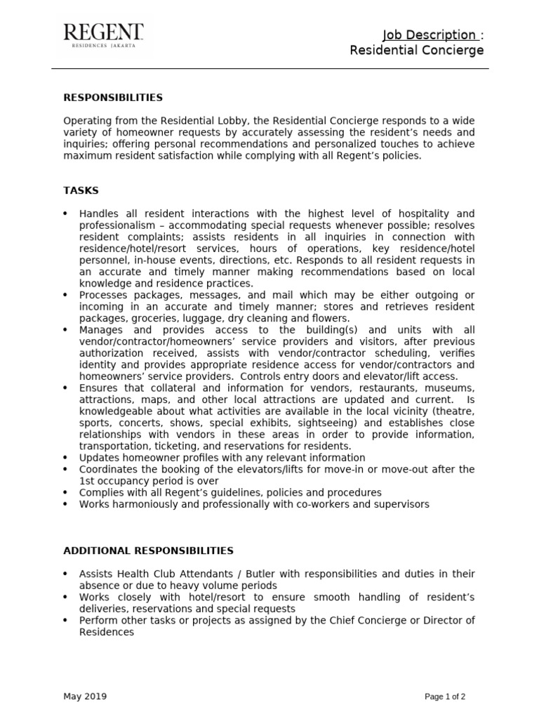 Residential Concierge Job Overview | PDF | Elevator