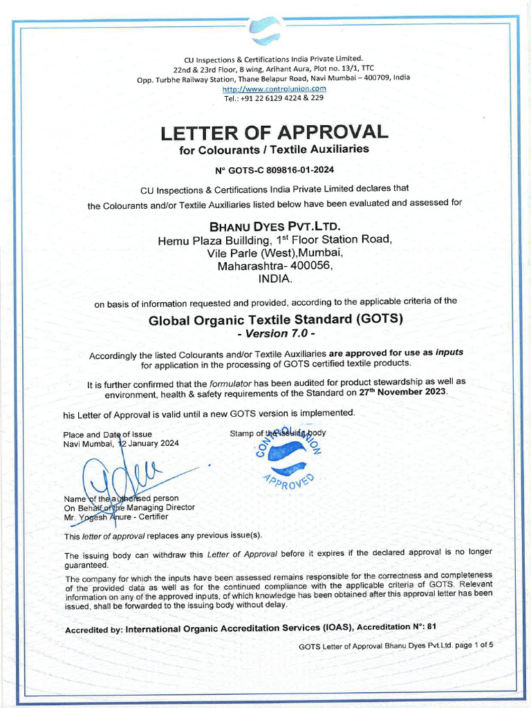 2024 Gots V70 Letter of Approval - Bhanu Dyes PVT - 241021 - 163517 | PDF