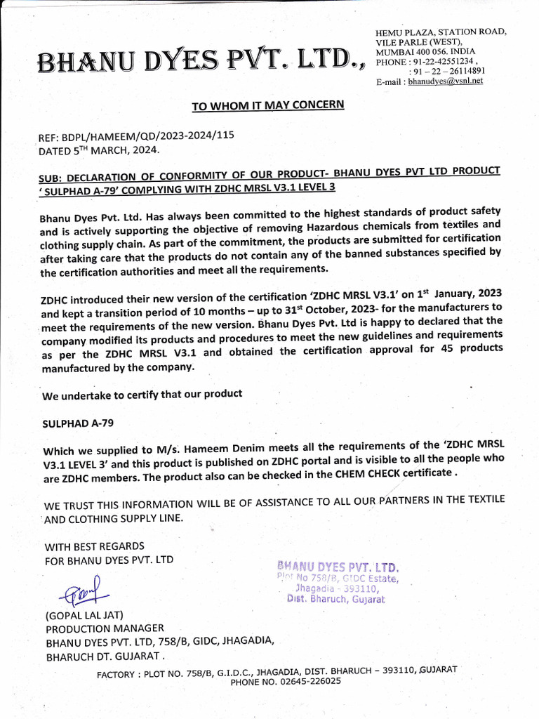Bhanu Dyes Certifies Compliance with ZDHC MRSL v3.1 | PDF | Textiles ...