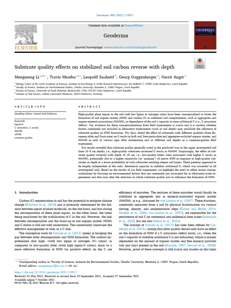 Substrate Quality Effects On Stabilized Soil Carbon Reverse With Depth ...