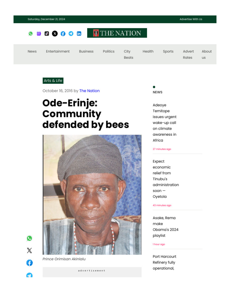 Ode-Erinje - Community Defended by Bees - The Nation Newspaper | PDF
