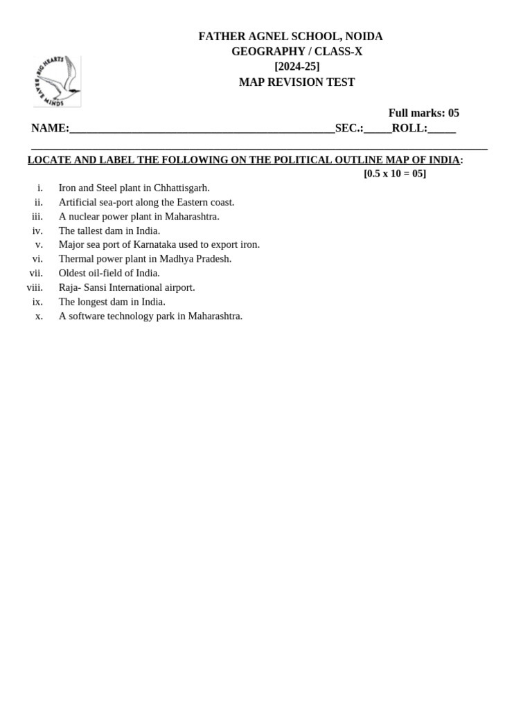 Class 10 Geography Map Revision Test | PDF