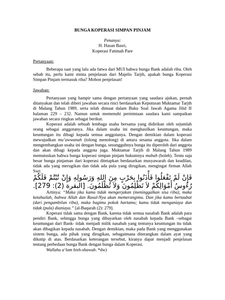 Fatwa Tarjih Muhammadiyah Bunga Koperasi Simpan Pinjam | PDF