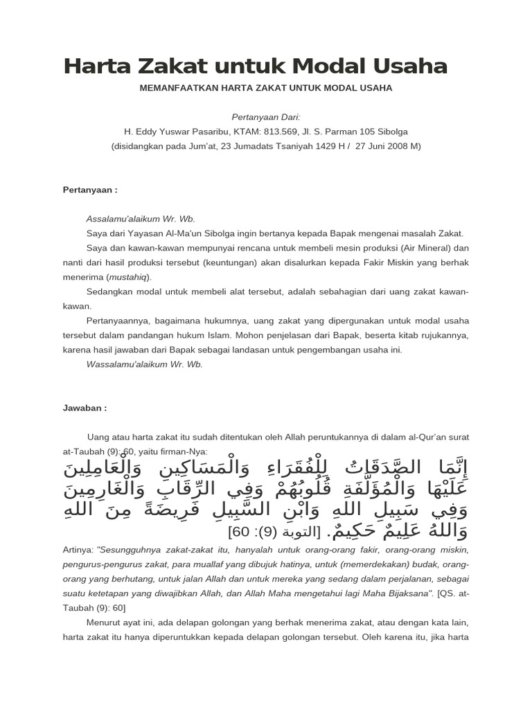 Harta Zakat Untuk Modal Usaha | PDF