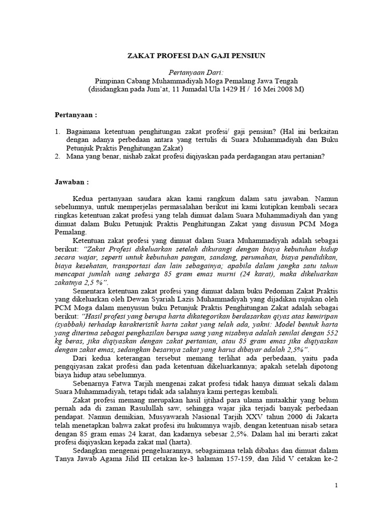 Fatwa Tarjih Muhammadiyah-Zakat Profesi Dan Gaji | PDF