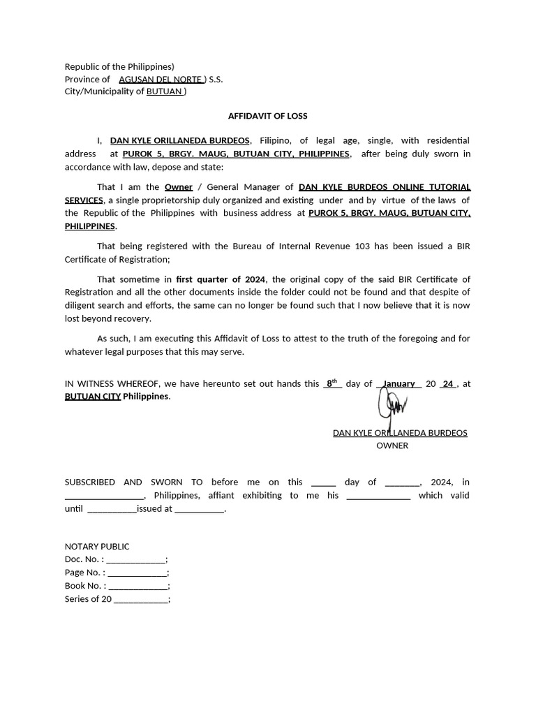 Affidavit of Loss COR | PDF