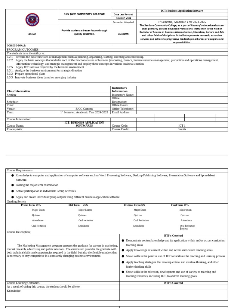 Syllabus ICT 2023-2024 Business Application Software | PDF | Educational Technology | Learning