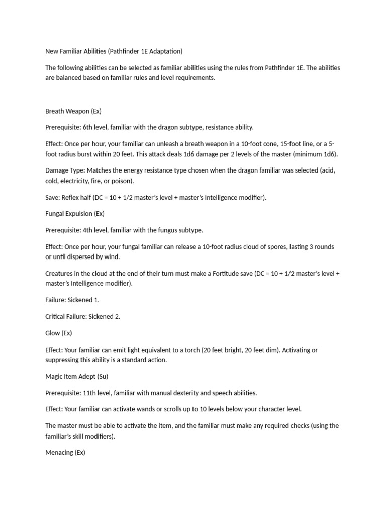 New Familiar Abilities (Pathfinder 1E Adaptation) | PDF