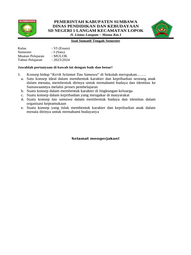 Soal STS Mulok Kelas 6 2022-2023 | PDF