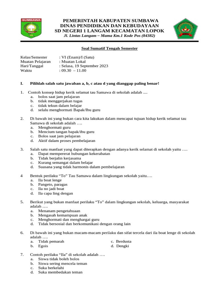 Soal STS Mulok Kelas 6 | PDF