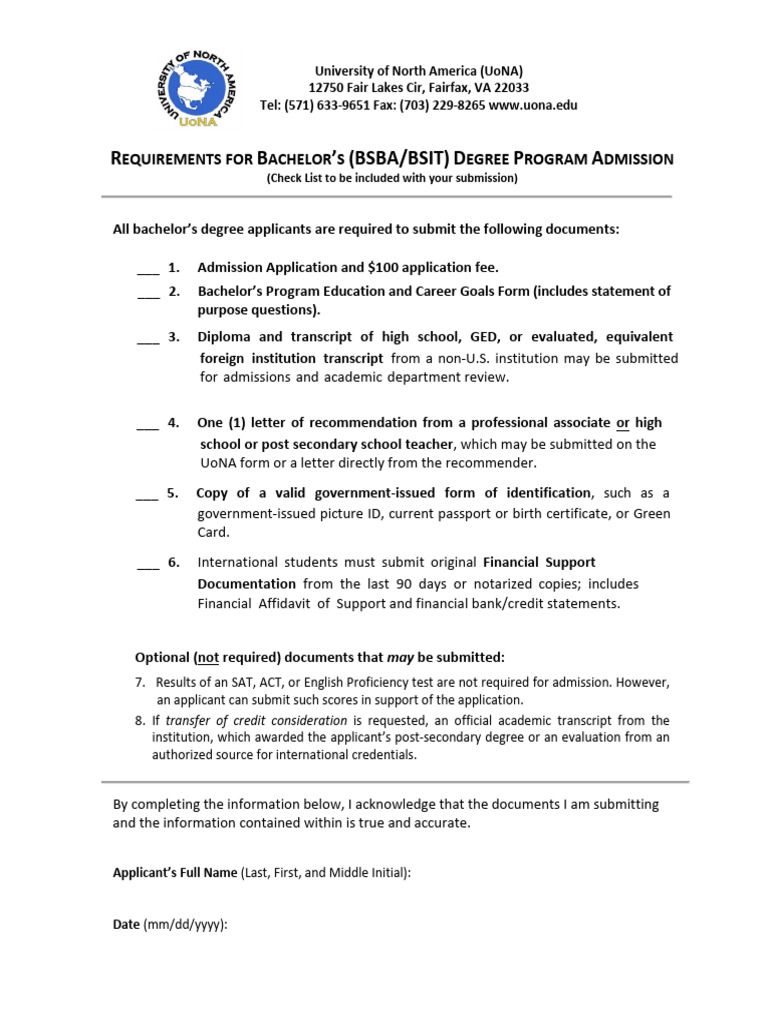 Bachelor Admission Checklist Pdf Identity Document