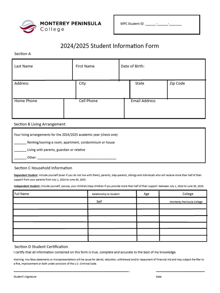 MPC Student Info Form 2024/2025 | PDF