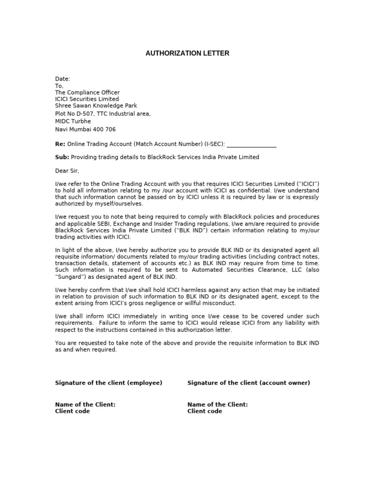 ICICI Authorization Letter | PDF