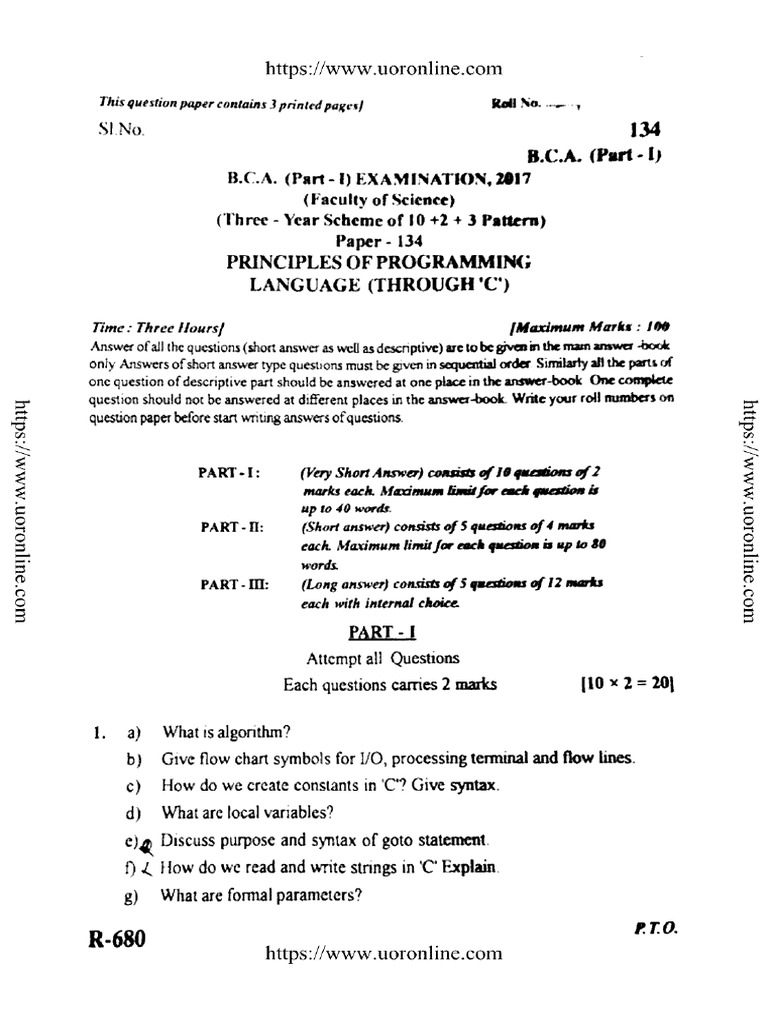 Bca Part 1 Principles of Programming Language Through C 134 2017 | PDF