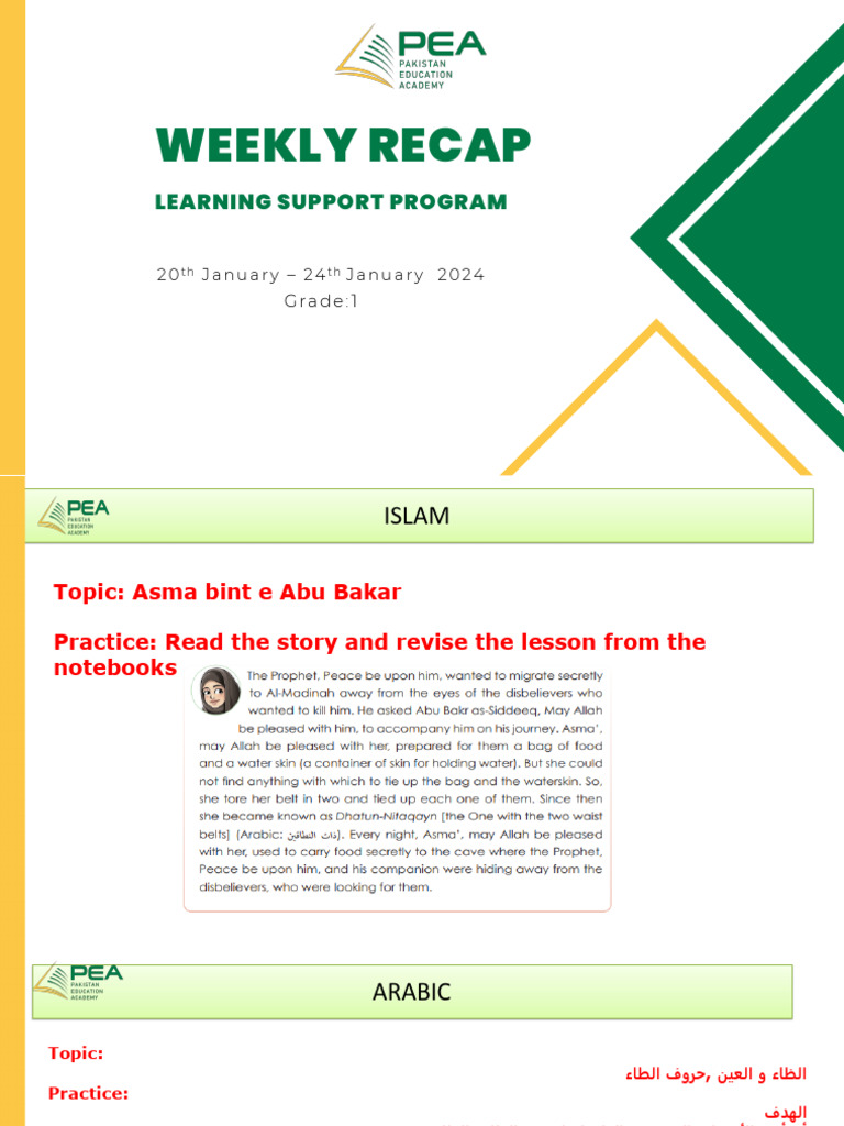 Weekly Learning Recap: Grade 1 Topics | PDF