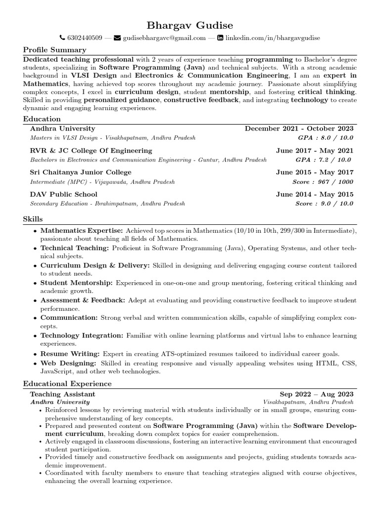 Resume_Bhargav | PDF | Learning | Teaching