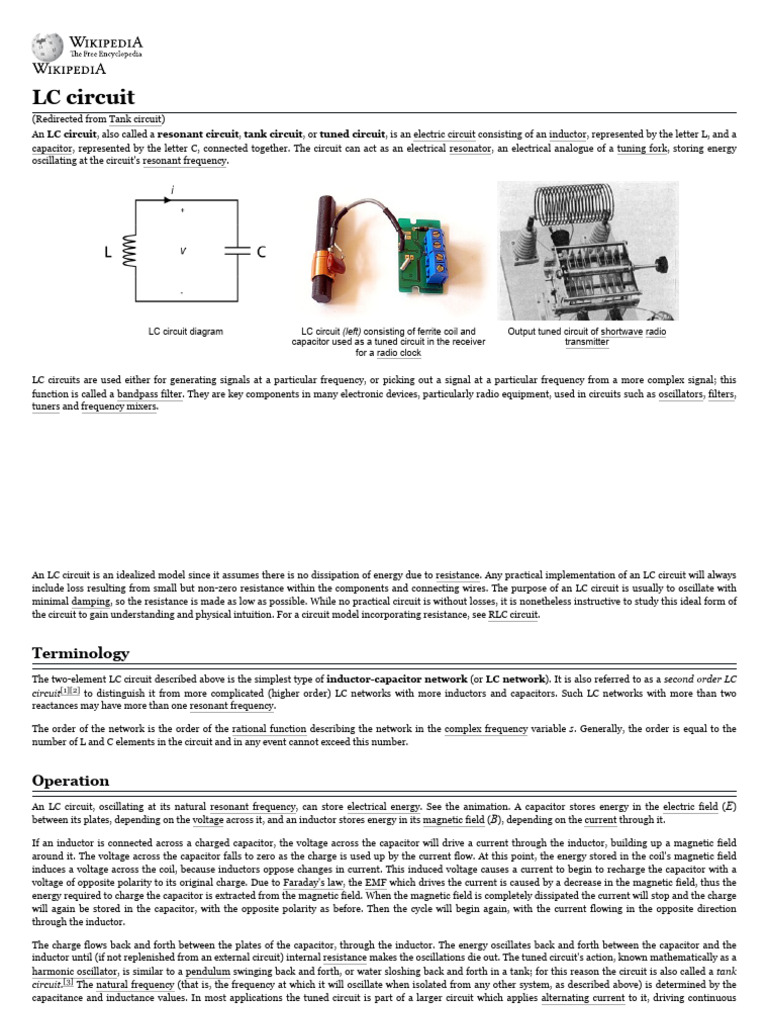 LC Circuit - Wikipedia | PDF | Electrical Impedance | Inductor