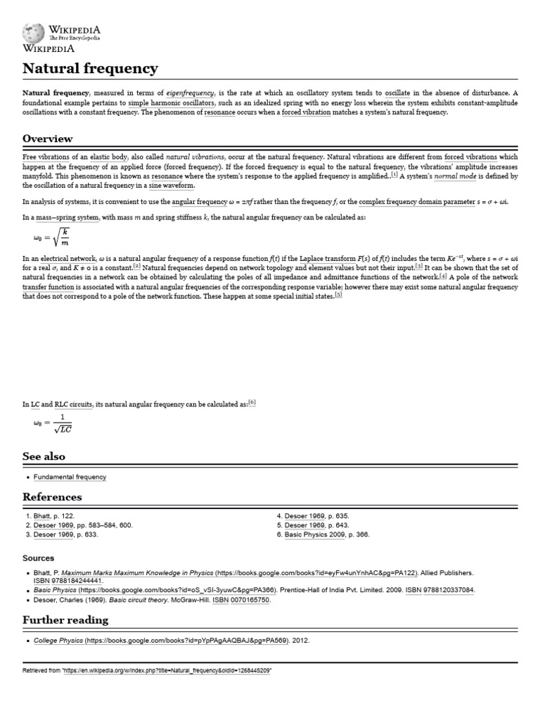 Natural Frequency - Wikipedia | PDF | Resonance | Oscillation