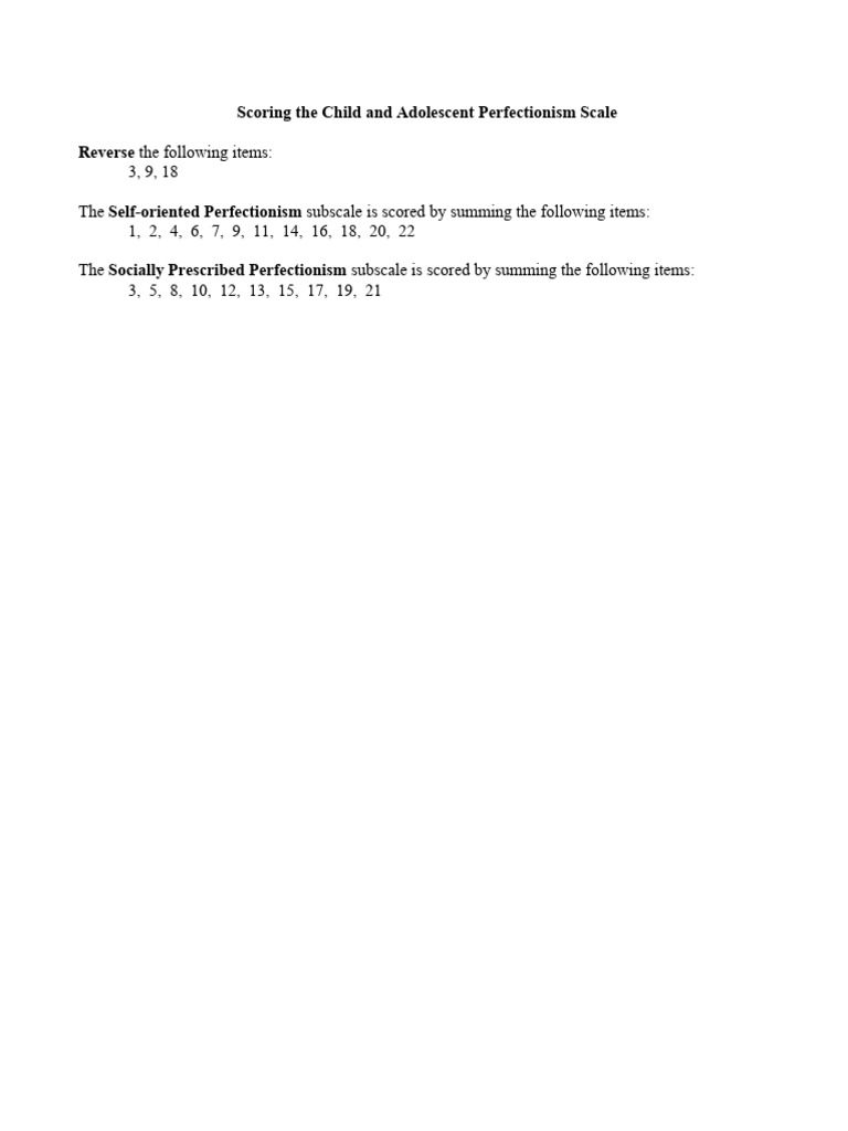 Scoring Guide for Perfectionism Scale | PDF