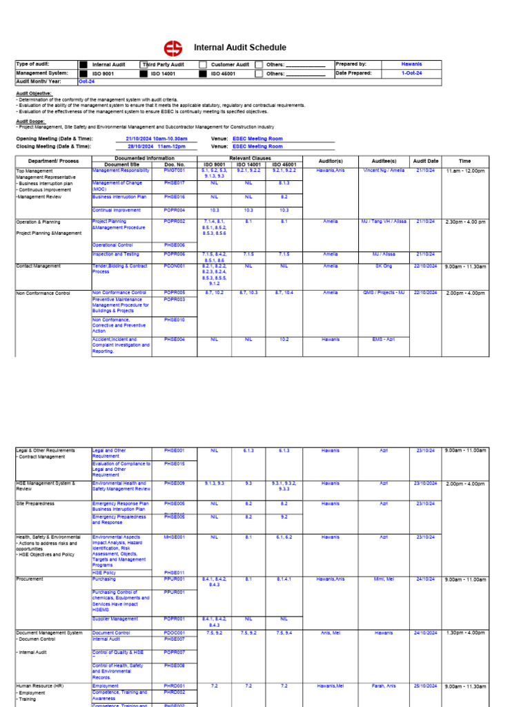 Internal Audit Schedule and Objectives | PDF | Audit | Risk