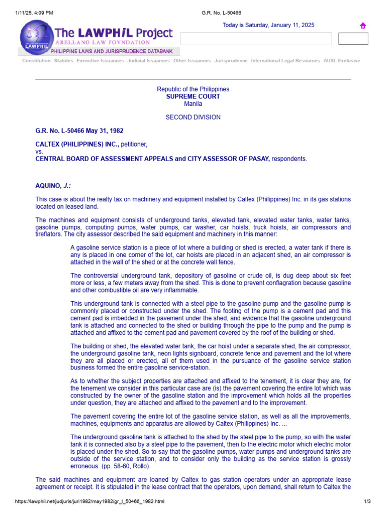 Caltex Philippines Inc. vs. Board of Assessment Appeals, 114 SCRA 297 (1982) | PDF | Appeal ...