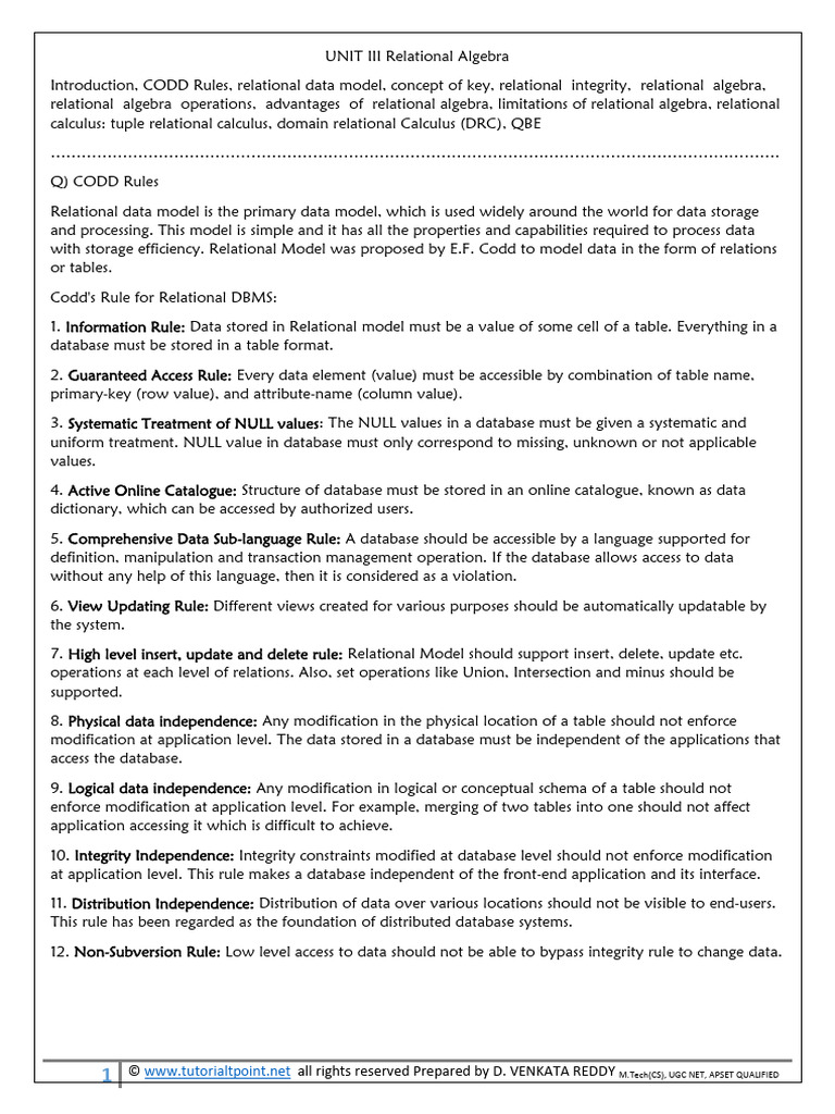 UNIT-III Relational Algebra | PDF | Relational Model | Relational Database
