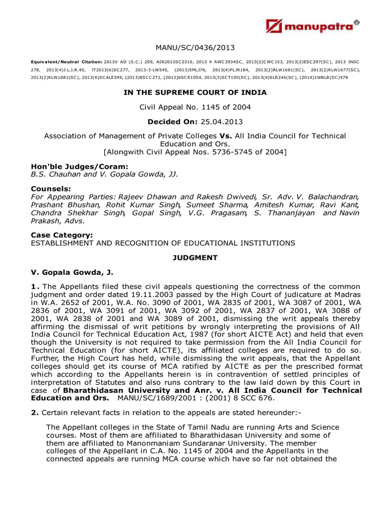Supreme Court Ruling on AICTE Approval for MCA | PDF | Appeal | Judgment (Law)