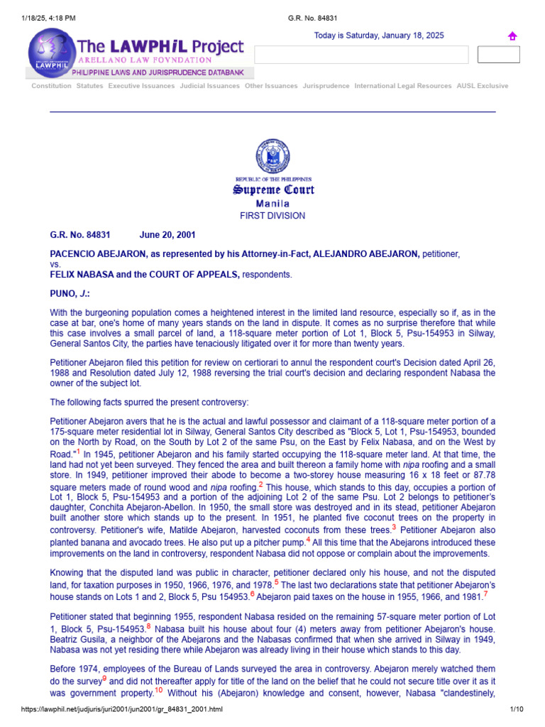 Abejaron vs. Nabasa, 359 SCRA 47 | PDF | Lawsuit | Adverse Possession