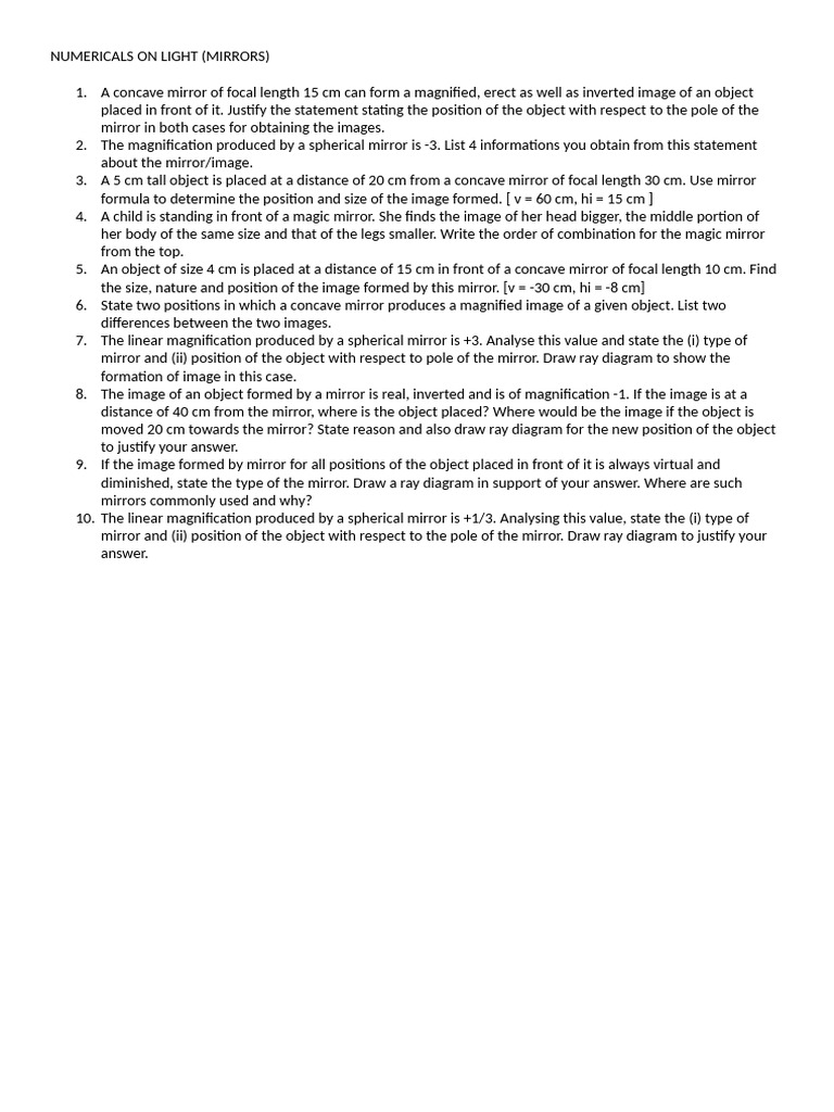 Numericals On Light (Mirrors) | PDF