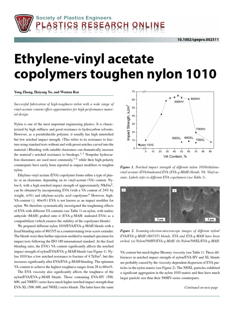 Ethylene-vinyl acetate copolymers toughen nylon 1010 2009 | PDF ...