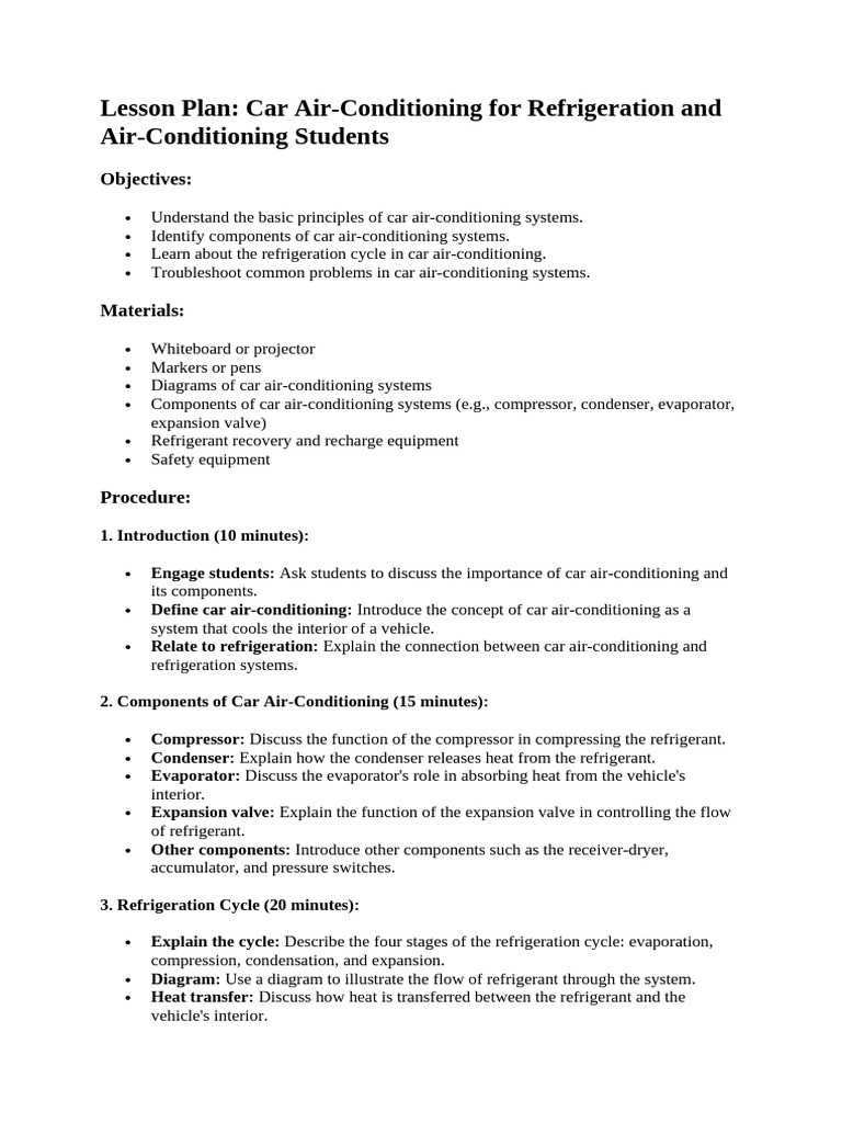 Lesson Plan Car Air-Conditioning For Refrigeration and Air-Conditioning ...