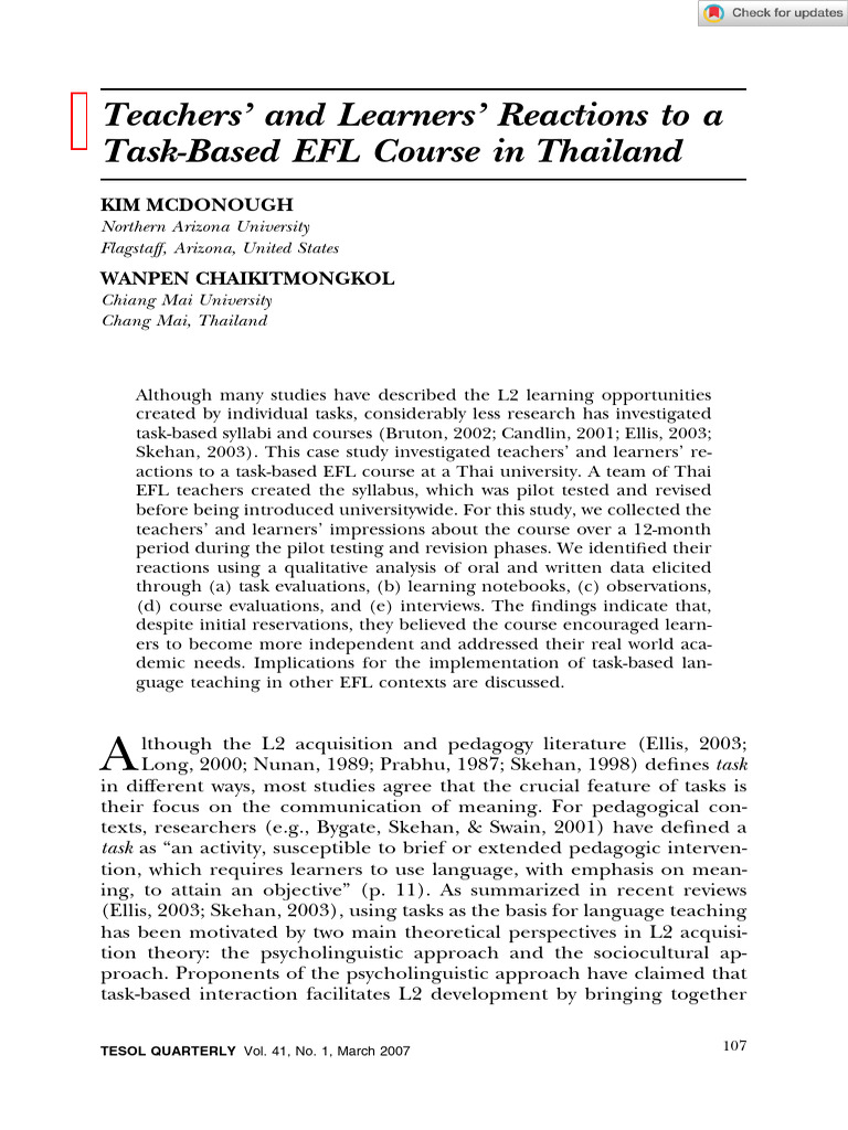 Task-Based EFL Course Reactions in Thailand | PDF | Learning | English ...