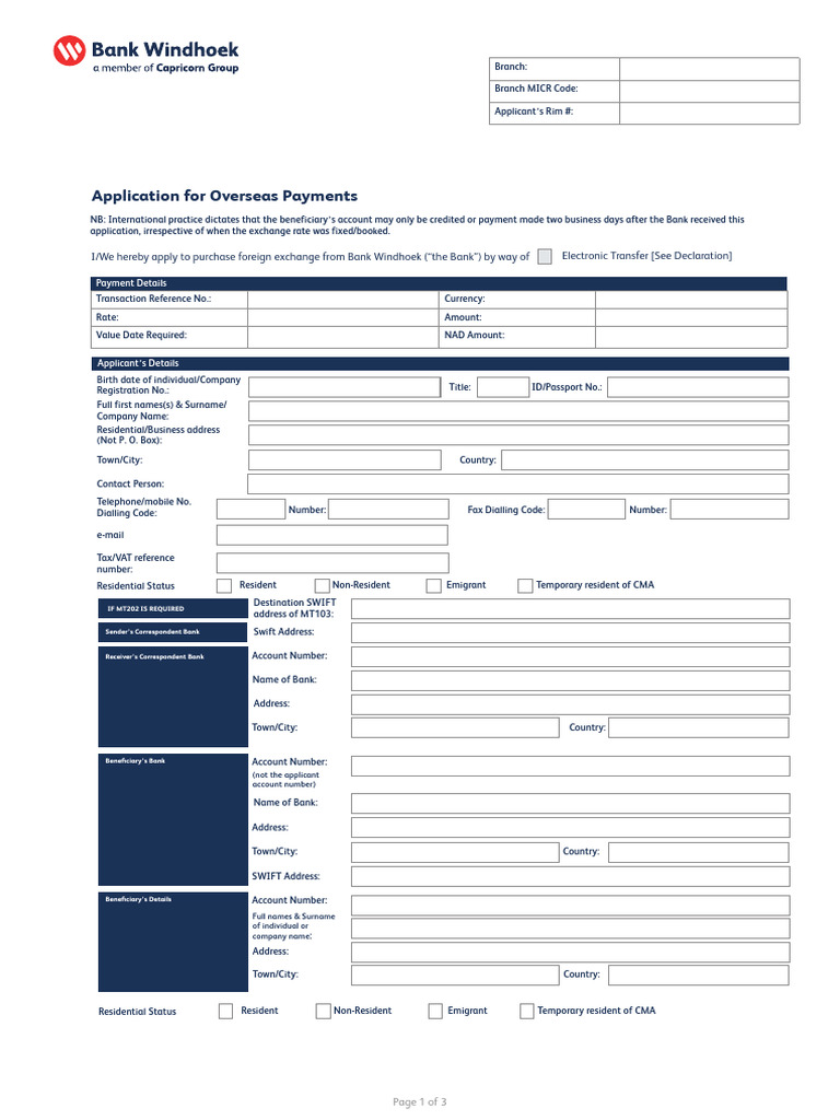 Bank Windhoek Overseas Payments Form | PDF | Banks | Payments