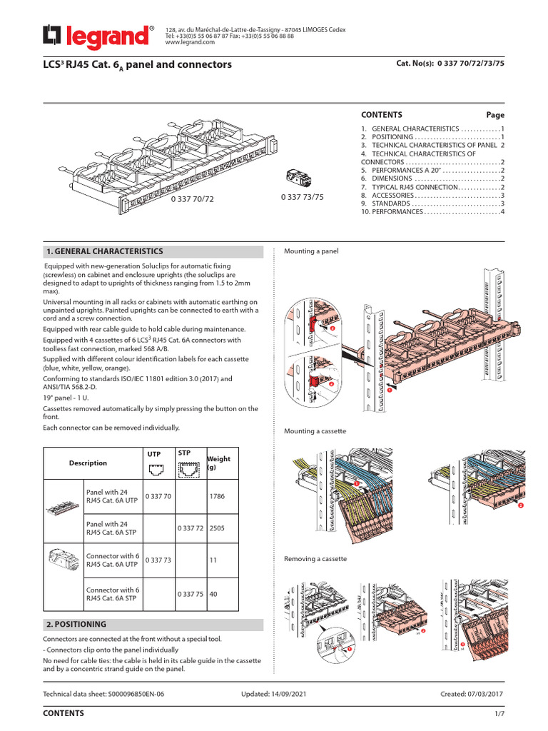 Legrand RJ45 Cat. 6A Panel and Connectors Datasheet | PDF | Electrical ...