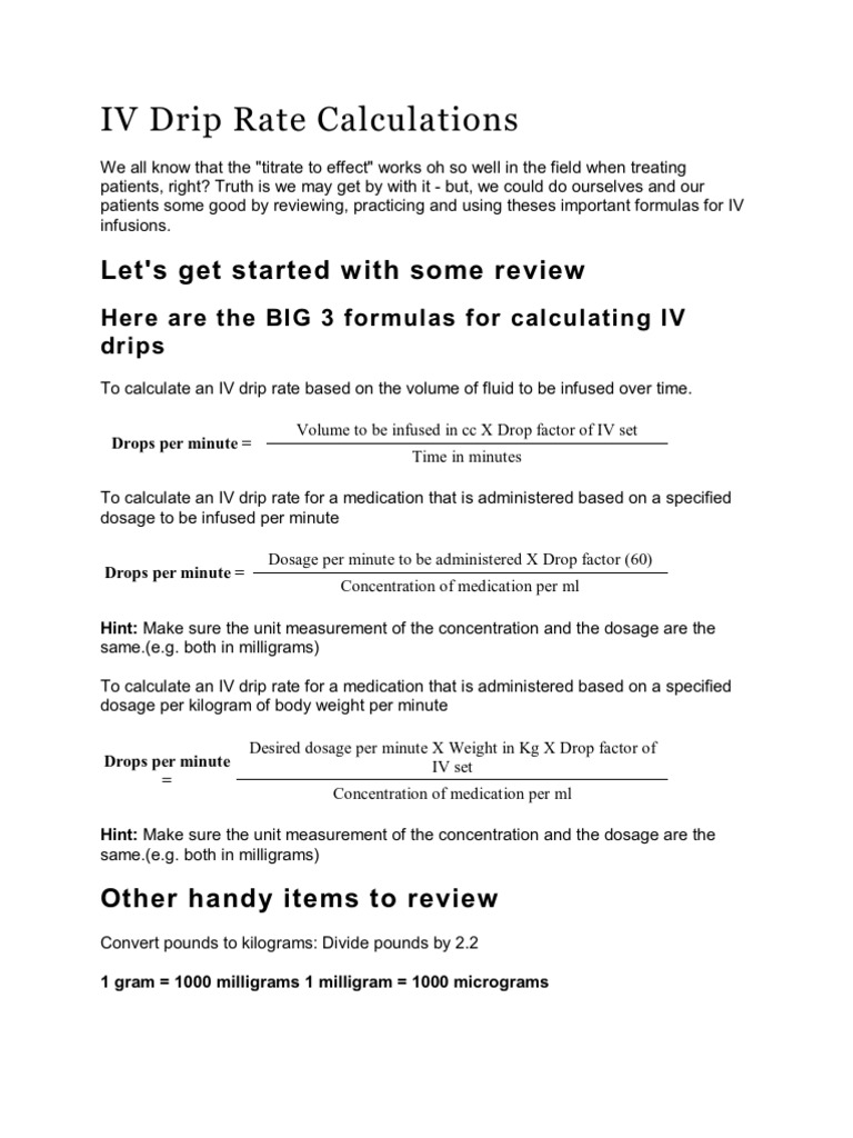 IV Drip Rate Calculations | PDF
