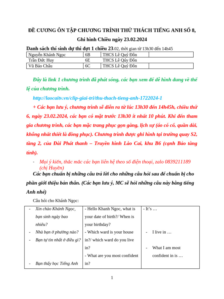 Đề Cương Ôn Tập Thử Thách Tiếng Anh Số 8 Chiều 23.02.2024 | PDF