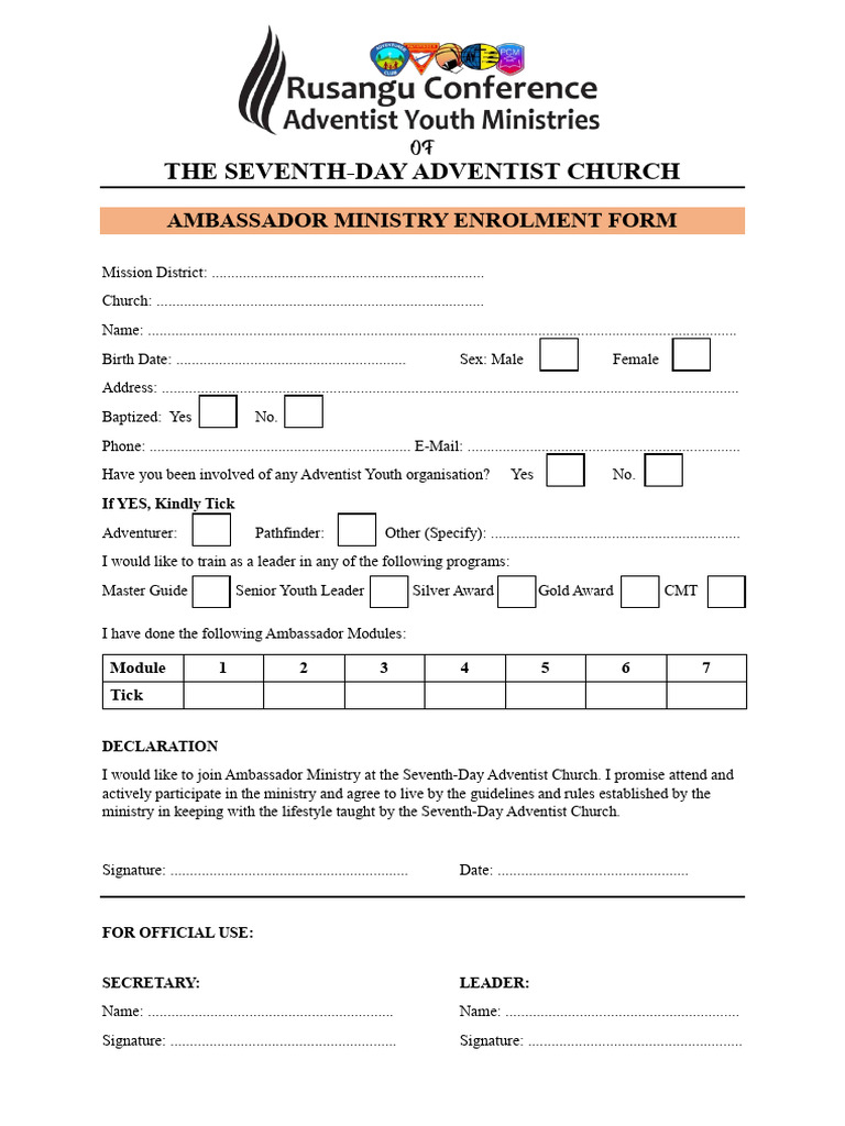 Club Ministry Enrolment Form | PDF | Jesus | Seventh Day Adventist Church