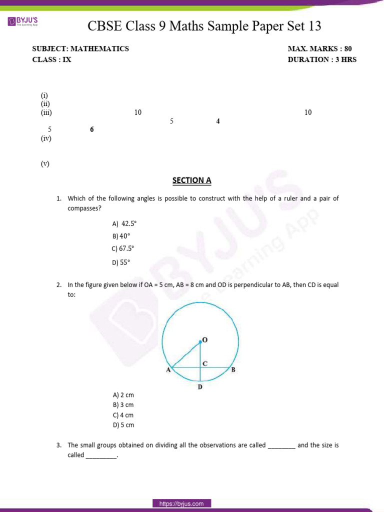 CBSE Sample Paper Class 9 Maths Set 13 | PDF | Area | Triangle