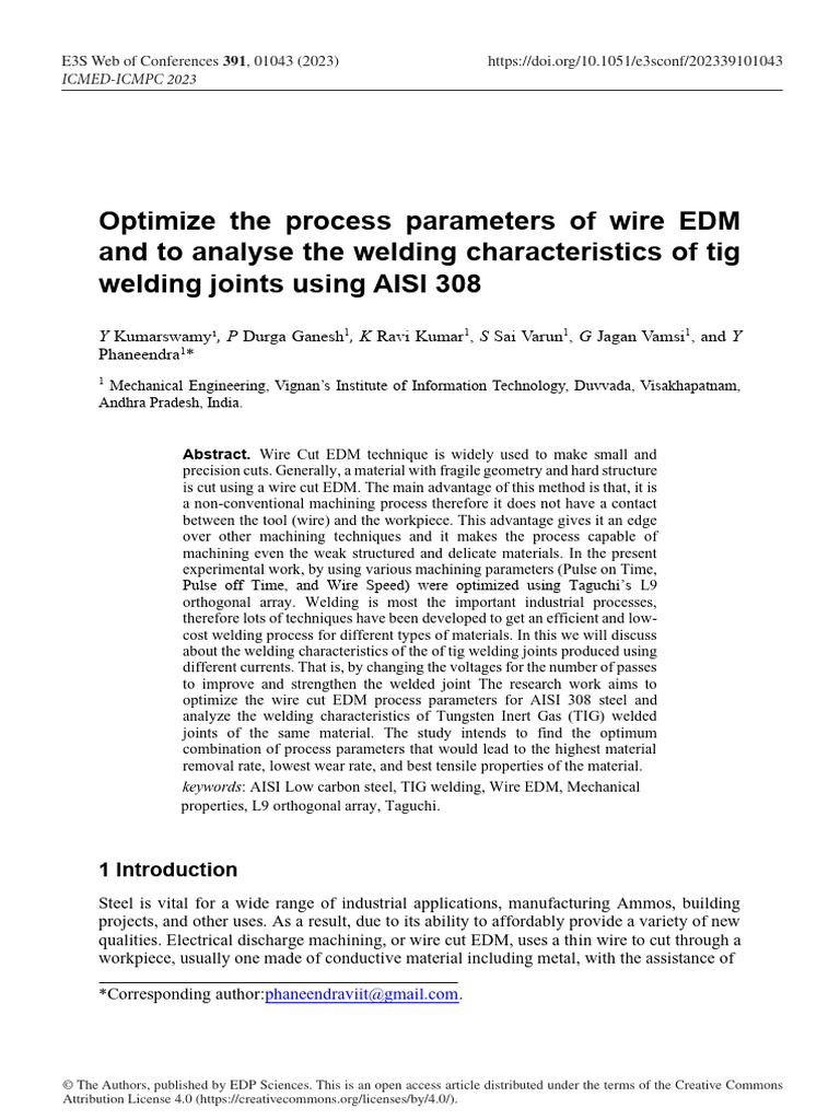 Optimize The Process Parameters of Wire EDM and To Analyse The Welding Characteristics of Tig ...