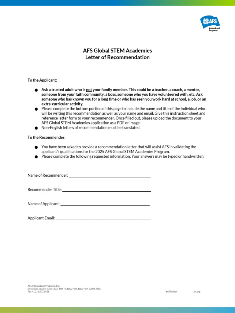 2025 Recommendation Letter Template - AFS Global STEM Academies | PDF ...